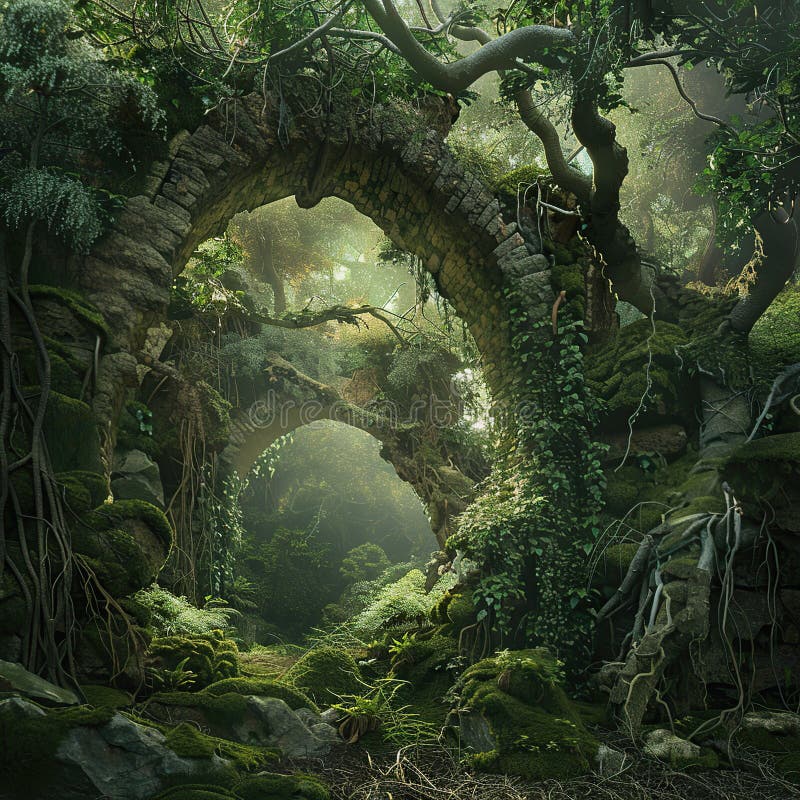 Ancient Forest with a Stone Archway Overgrown with Moss and Vines Stock ...