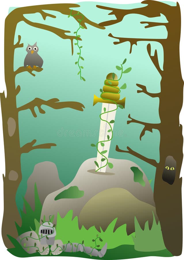 Ancient Forest with Sword on the Rock Stock Vector - Illustration of ...