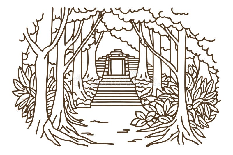 Ancient Forest Temple Illustration Surrounded by Tall Trees and Dense ...