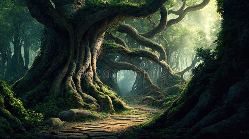 Ancient Forest with Very Old Trees Stock Illustration - Illustration of ...