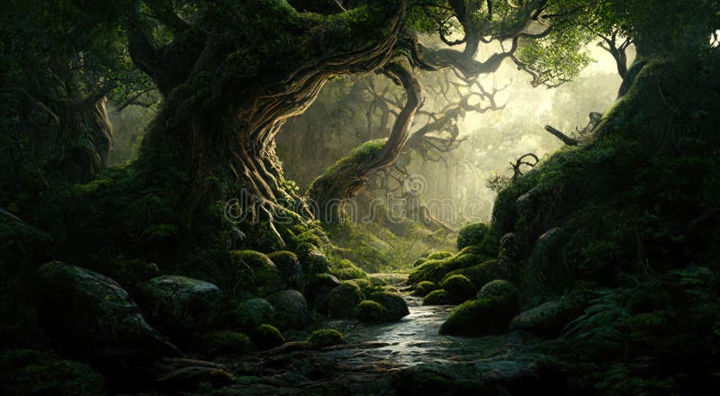 Ancient Forest with Very Old Trees Stock Illustration - Illustration of ...