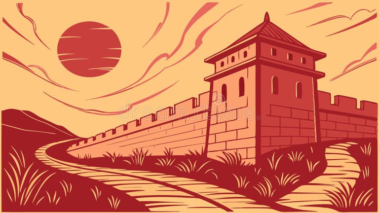 Ancient Fortification Tower with Wall at Sunset, Vector Design ...