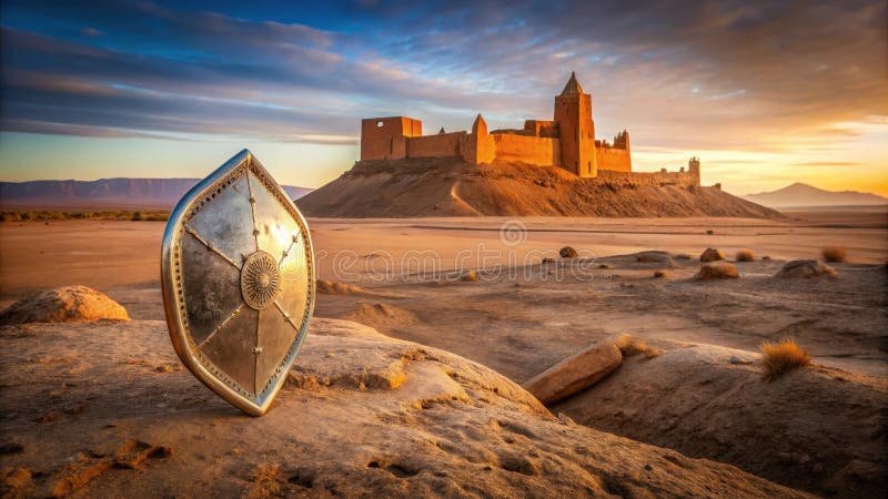 Ancient Fortress at Dawn a Metallic Shield Rests in the Desolate Sands ...