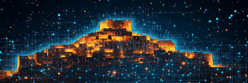 Ancient Fortress Integrated with Digital Network, Illustrating Concept ...
