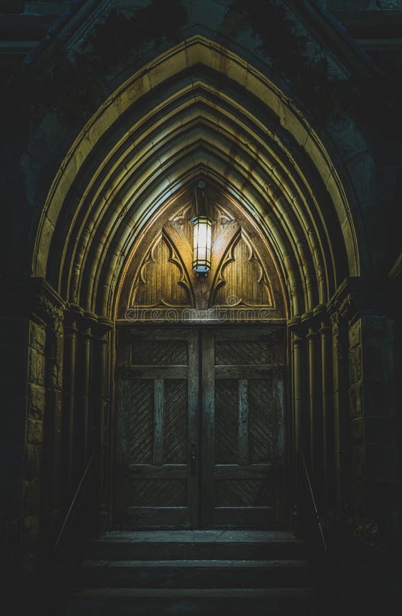 Ancient Front Door Under a Gothic Arch Stock Image - Image of green ...