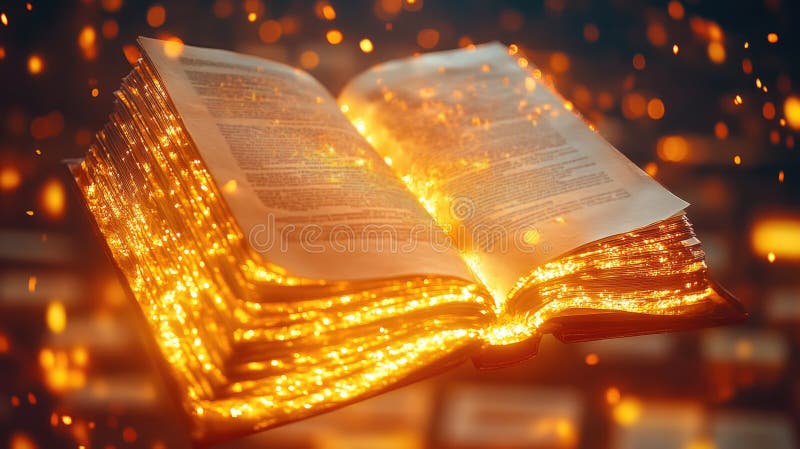 Ancient Glowing Book Amidst Sparks and Light in Fantasy Setting Stock ...