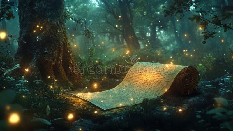 Ancient Glowing Fantasy Scroll Unrolling in a Mystical Forest ...