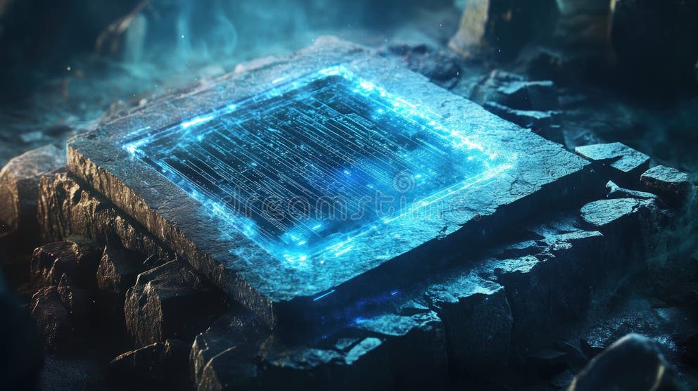 Ancient Tech: Glowing Stone Tablet in Ruins Stock Illustration ...