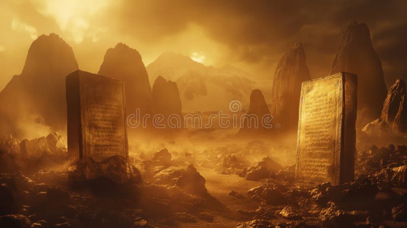 Ancient Glowing Stone Tablets in a Mystical Mountainous with Inscribed ...