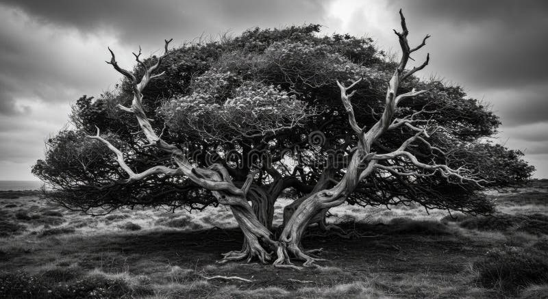 Ancient Gnarled Tree Against Dramatic Stormy Sky Stock Illustration ...