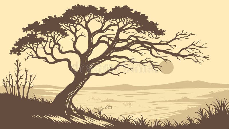 Ancient Gnarled Tree in Serene Landscape, Vector Design Generative AI ...