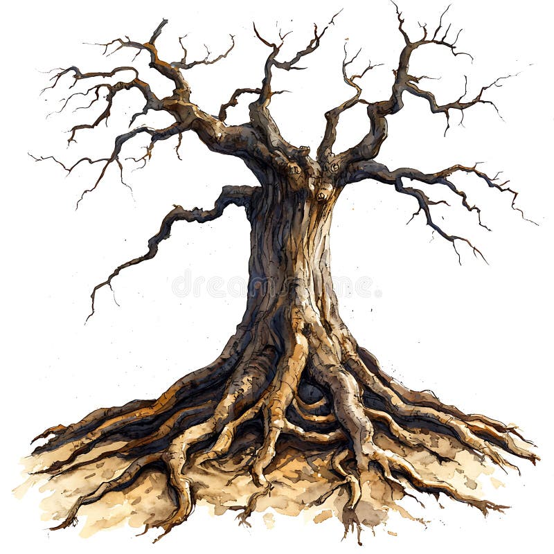 Ancient Gnarled Tree with Sprawling Roots, Rendered in a Distinctive ...