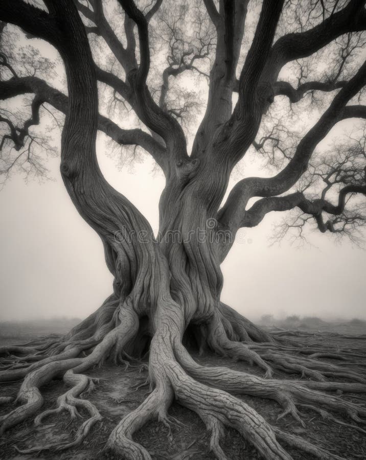 An Ancient Gnarled Tree with Twisted Roots. Stock Image - Image of ...