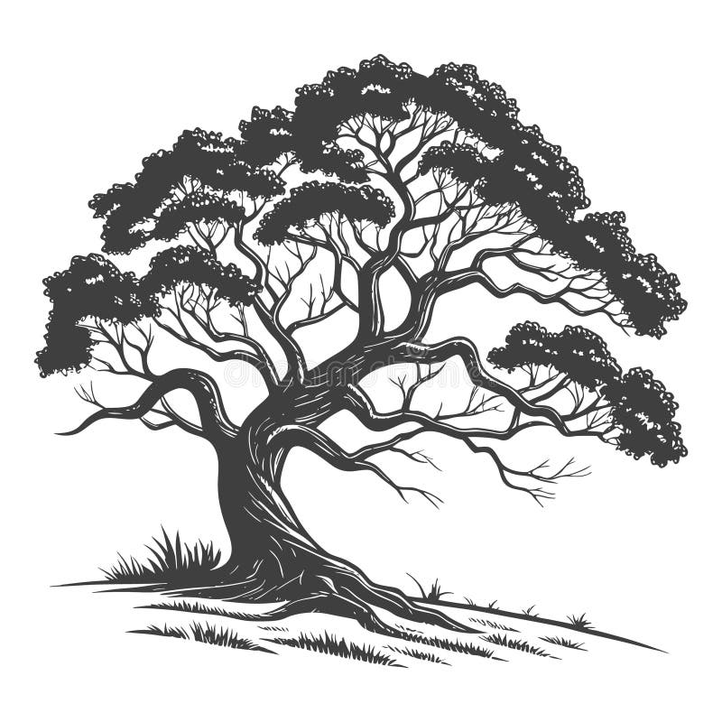 Ancient Gnarly Tree Silhouette with Roots Stock Illustration ...