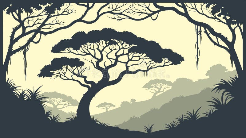 Ancient Gnarly Tree in Stylized Mystical Landscape Vector, Vector ...