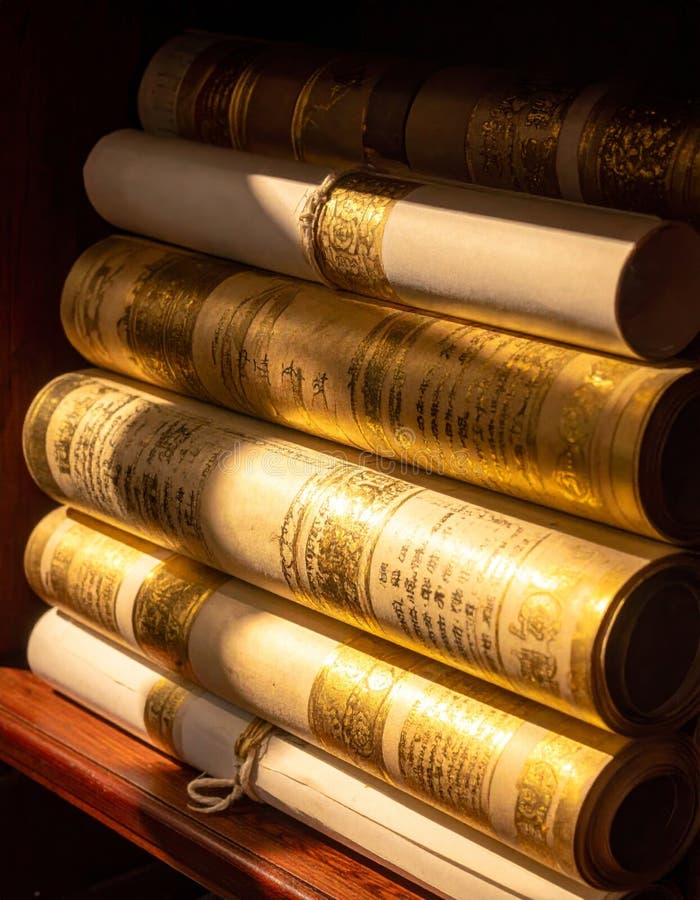 Ancient Gold Illuminated Scrolls Stacked in Dark Wooden Shelf Stock ...