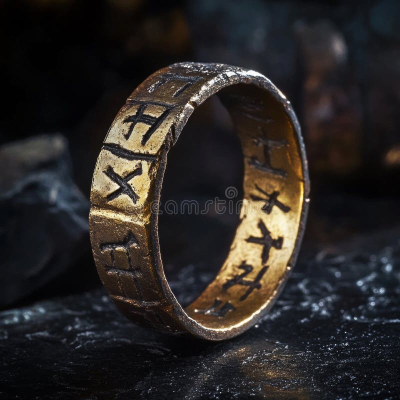 Ancient Gold Ring with Rune Engravings on a Dark Stone Background Stock ...