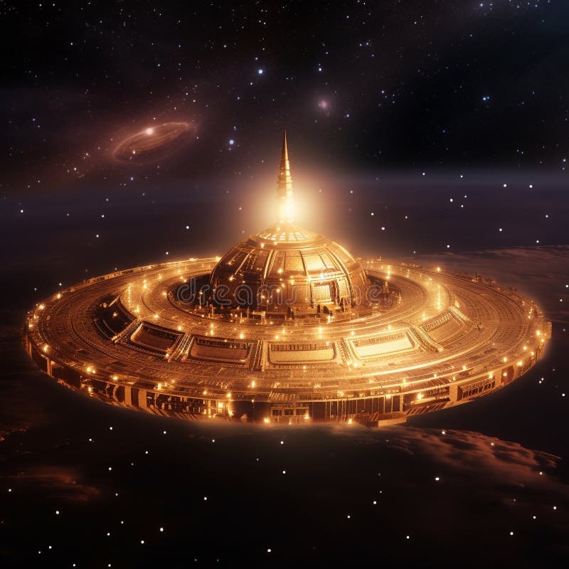 Ancient Golden Glowing Vedic Vimana in Outer Space Stock Illustration ...
