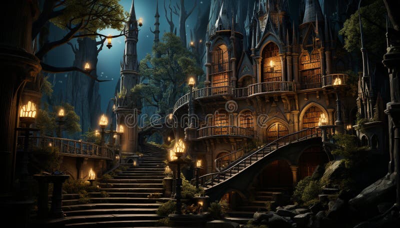 Ancient Gothic Cathedral Illuminated by Lanterns in the Spooky Night ...