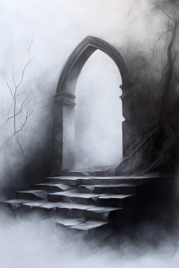 Ancient Gothic Ruins are Rendered in Charcoal, with Deep Blacks and ...