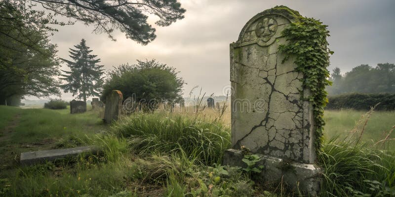 Old Graveyard with Cracked Gravestone Surrounded by Overgrown Grass ...