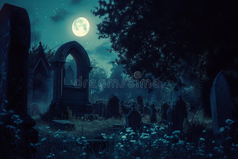 Ancient Graveyard Night. Generate Ai Stock Illustration - Illustration ...