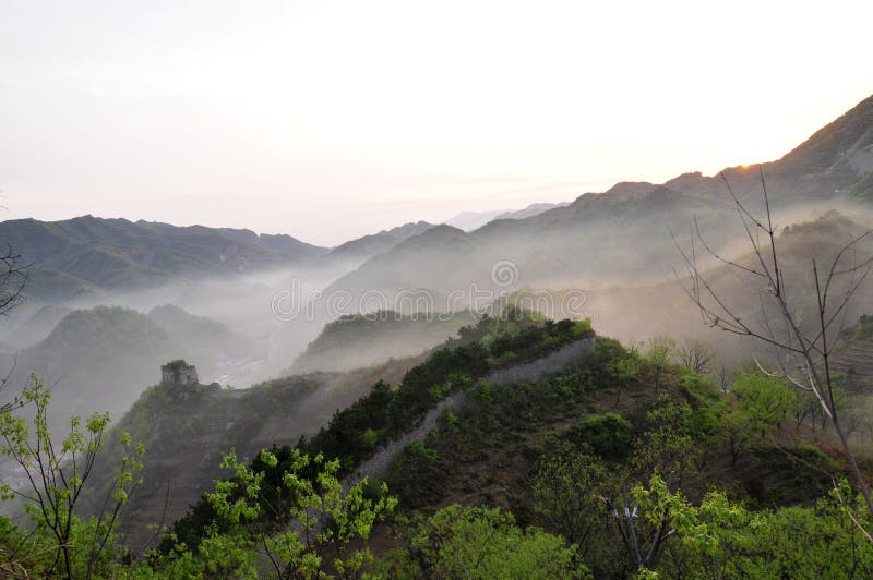 The Ancient Great Wall and the Early Morning Mist Stock Photo - Image ...