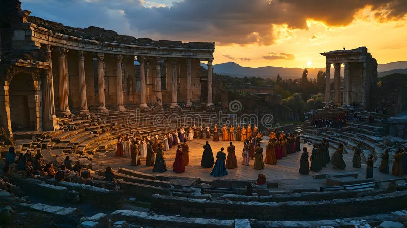 Ancient Greek Amphitheater Performance at Sunset with Dramatic Sky ...