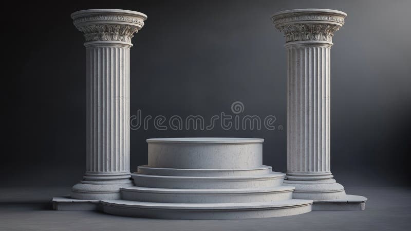 Ancient Greek Columns Frame Empty Round Pedestal on Dark Backdrop ...