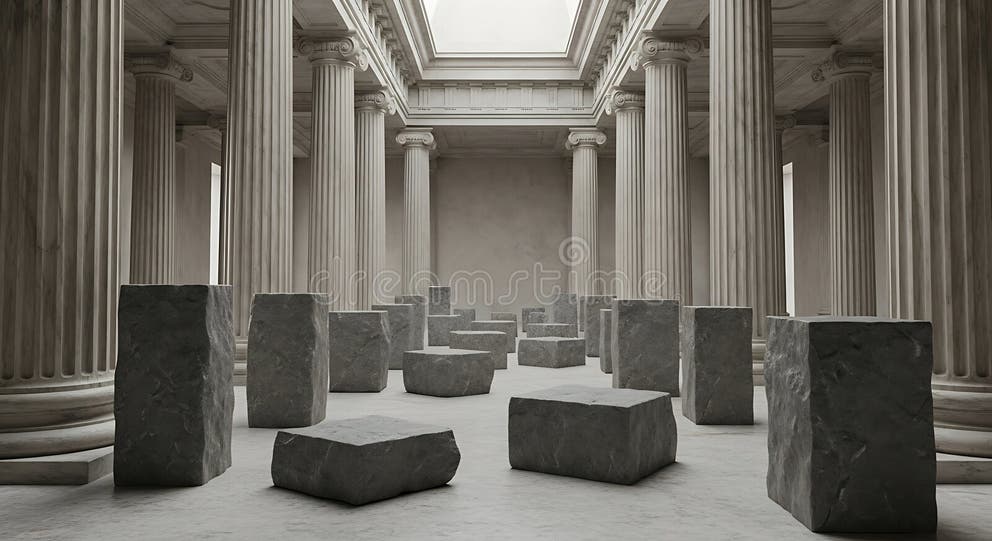 Ancient Greek-inspired Classical Interior with Stone Blocks and Tall ...