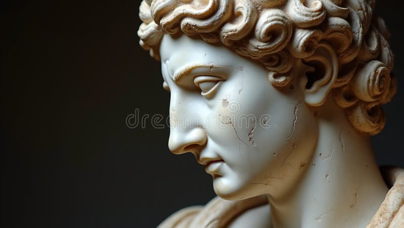Ancient Greek Marble Statue Head with Weathered Texture and Intricate ...