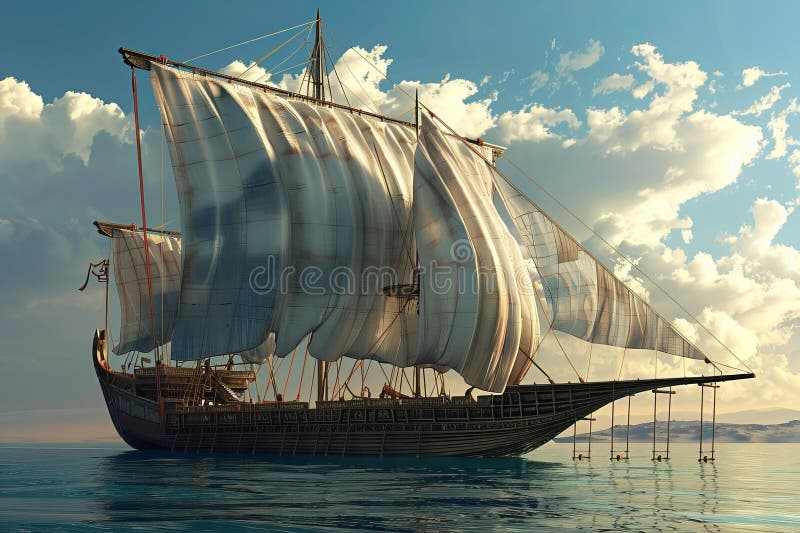 Ancient Greek Merchant Ship Sailing at Sunset with Full Sails Deployed ...