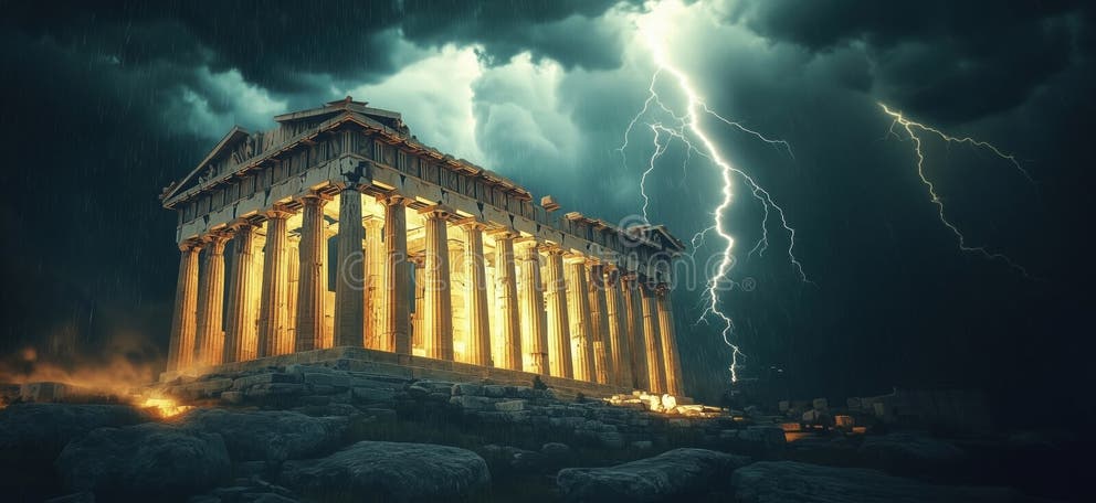 Ancient Greek Parthenon Temple Under Dramatic Lightning Storm Stock ...