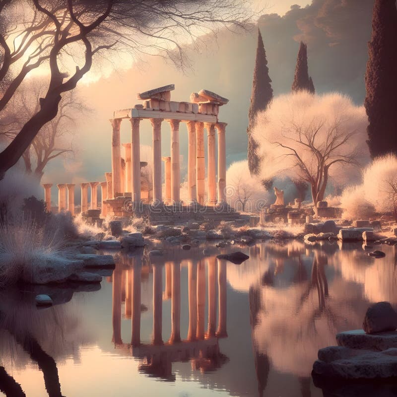 An Ancient Greek Ruins Surrounded by Trees,light Shades,muted Autumn ...