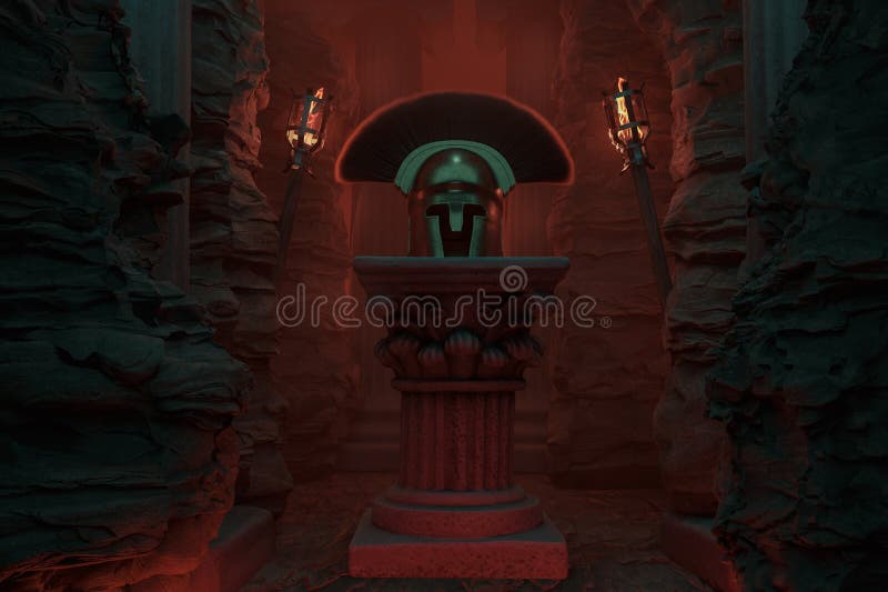 Ancient Greek Sparta Type Helmet Laying on Greek Column. Surrounded by ...