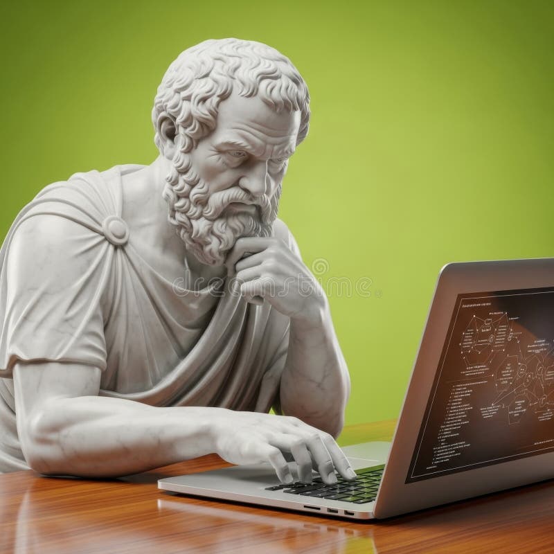 Ancient Greek Statue of Socrates Using Modern Laptop in a Thoughtful ...