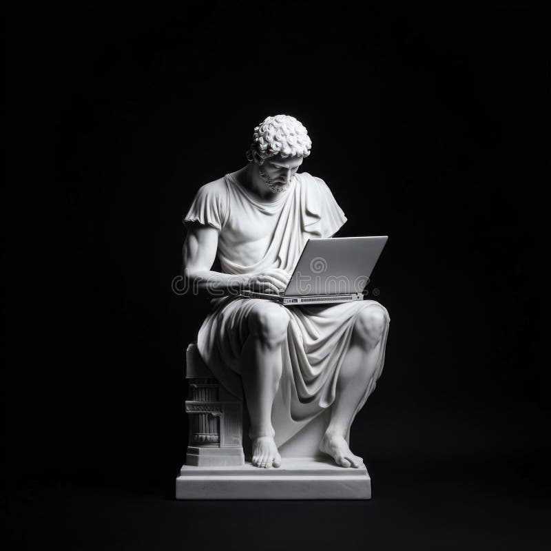 Greek Sculpture with Laptop on White Background. Sculpture of Greek ...