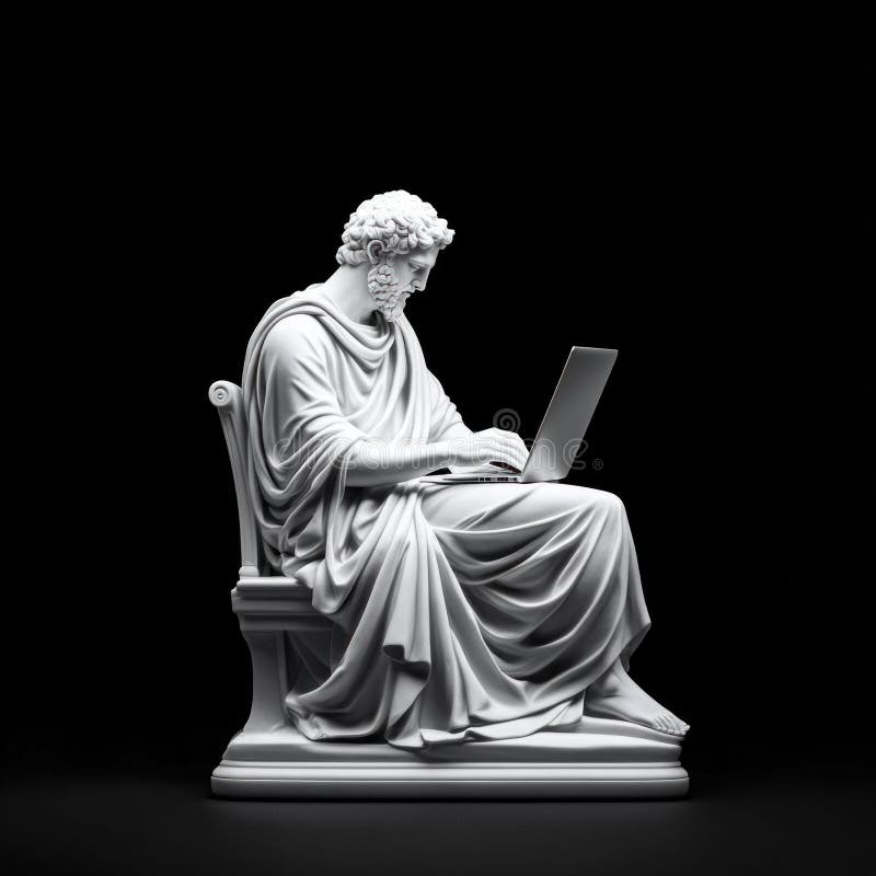 Ancient Greek Statue Using a Modern Laptop on Black Background Stock ...