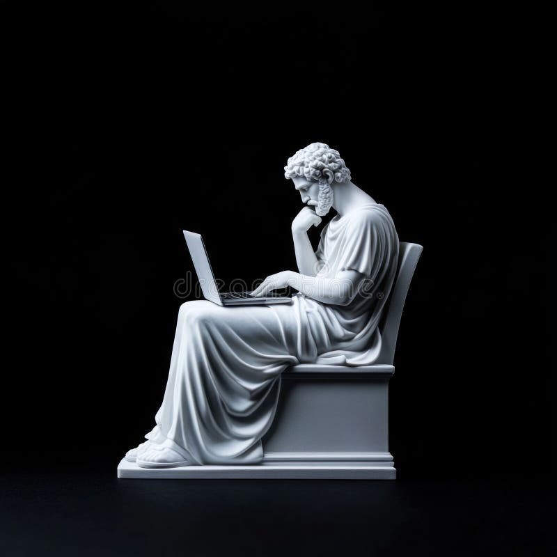 Ancient Greek Statue Using a Modern Laptop on Black Background Stock ...