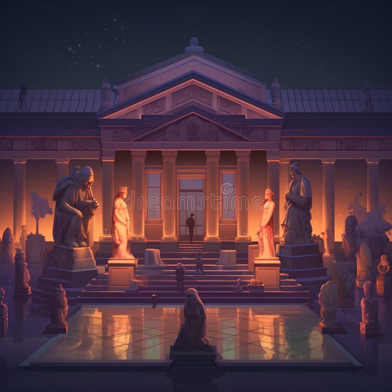 Ancient Greek Temple with Columns and Statues at Night. 3d Rendering ...