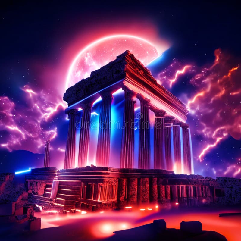 Ancient Greek Temple in Front of the Full Moon. 3D Rendering Generative ...