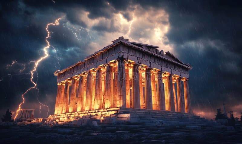 Ancient Greek Temple Illuminated by Lightning in Dramatic Stormy Sky ...
