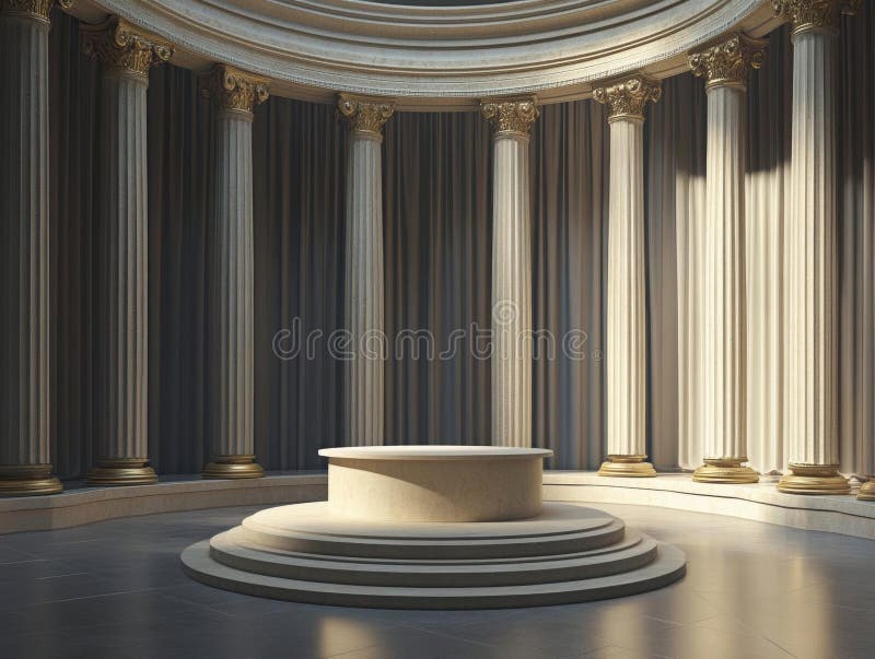 Ancient Greek Temple Interior with Marble Podium and Draped Curtains ...