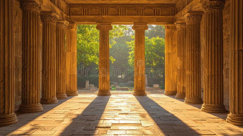 Ancient Greek Temple Interior with Stone Columns and Sunlit Courtyard ...
