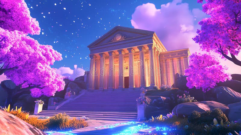 Ancient Greek Temple with Pink Trees and a Starry Sky Stock ...
