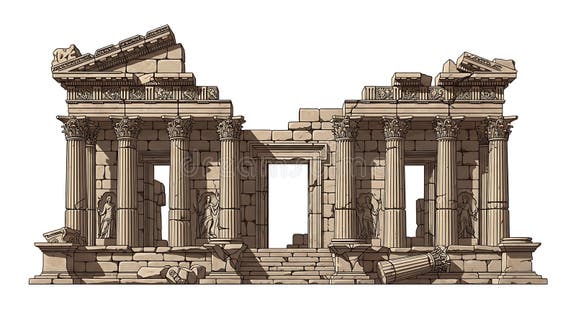 Ancient Greek Temple Ruins with Corinthian Columns and Sculpted Figures ...