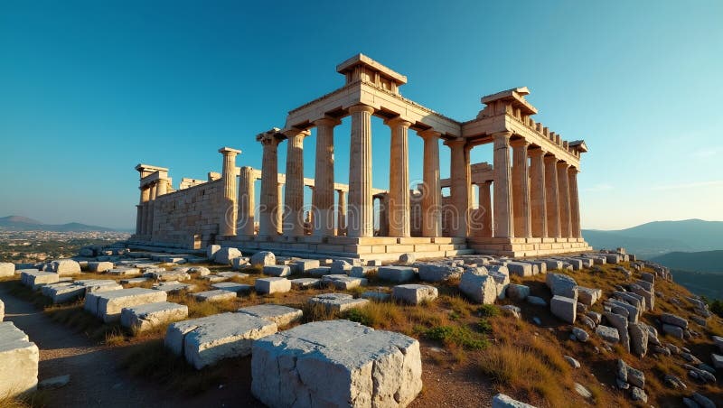 Ancient Greek Temple Ruins on Hill Under Blue Sky Stock Illustration ...