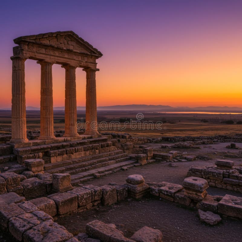 Ancient Greek Temple Ruins at Sunset Stock Illustration - Illustration ...