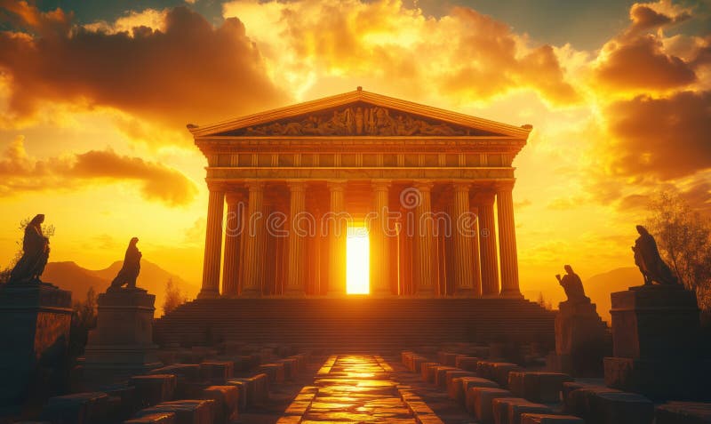 Ancient Greek Temple at Sunset with Dramatic Sky and Silhouetted ...