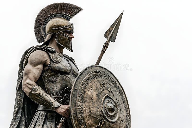 Ancient Greek Warrior Statue: Bronze Armor, Shield, Spear Stock ...